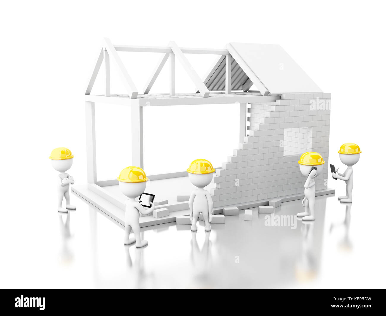 3d illustration. House under construction with builders. Construction ...