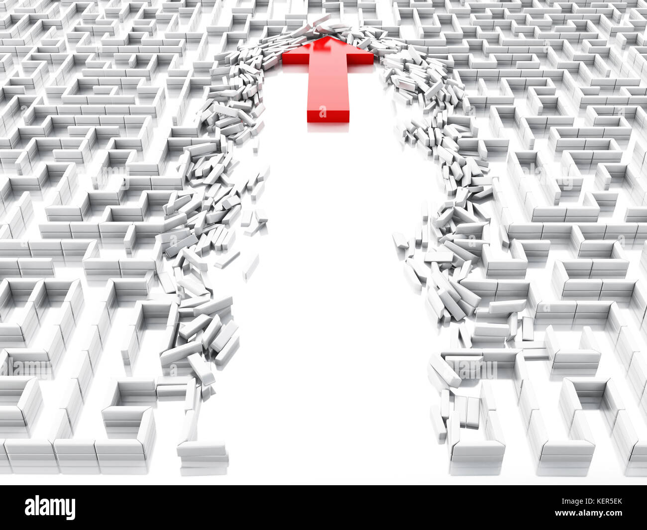 3d illustration. Blue arrow breaking down the walls in the maze ...