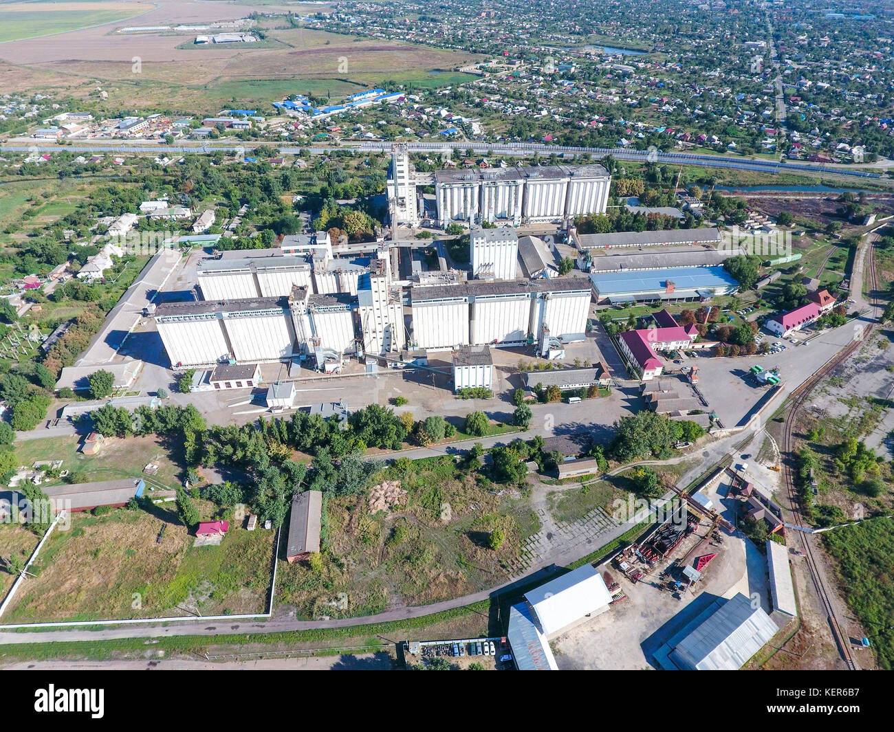 Top view of a silo elevator. The huge building for storing and drying ...