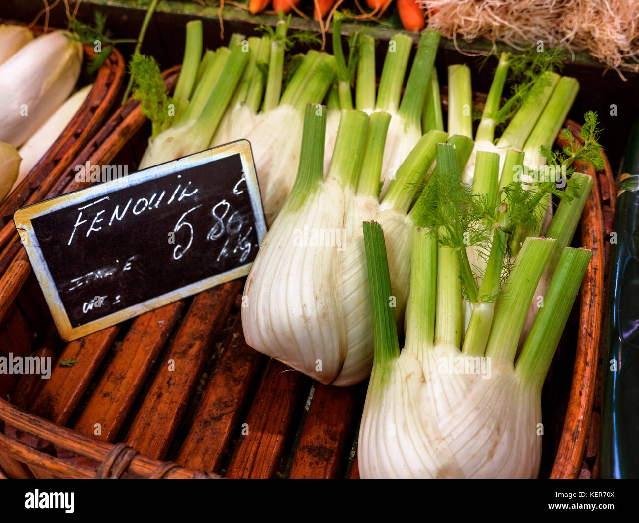 Fennel vegetable on display with blackboard price label in Quimper ...