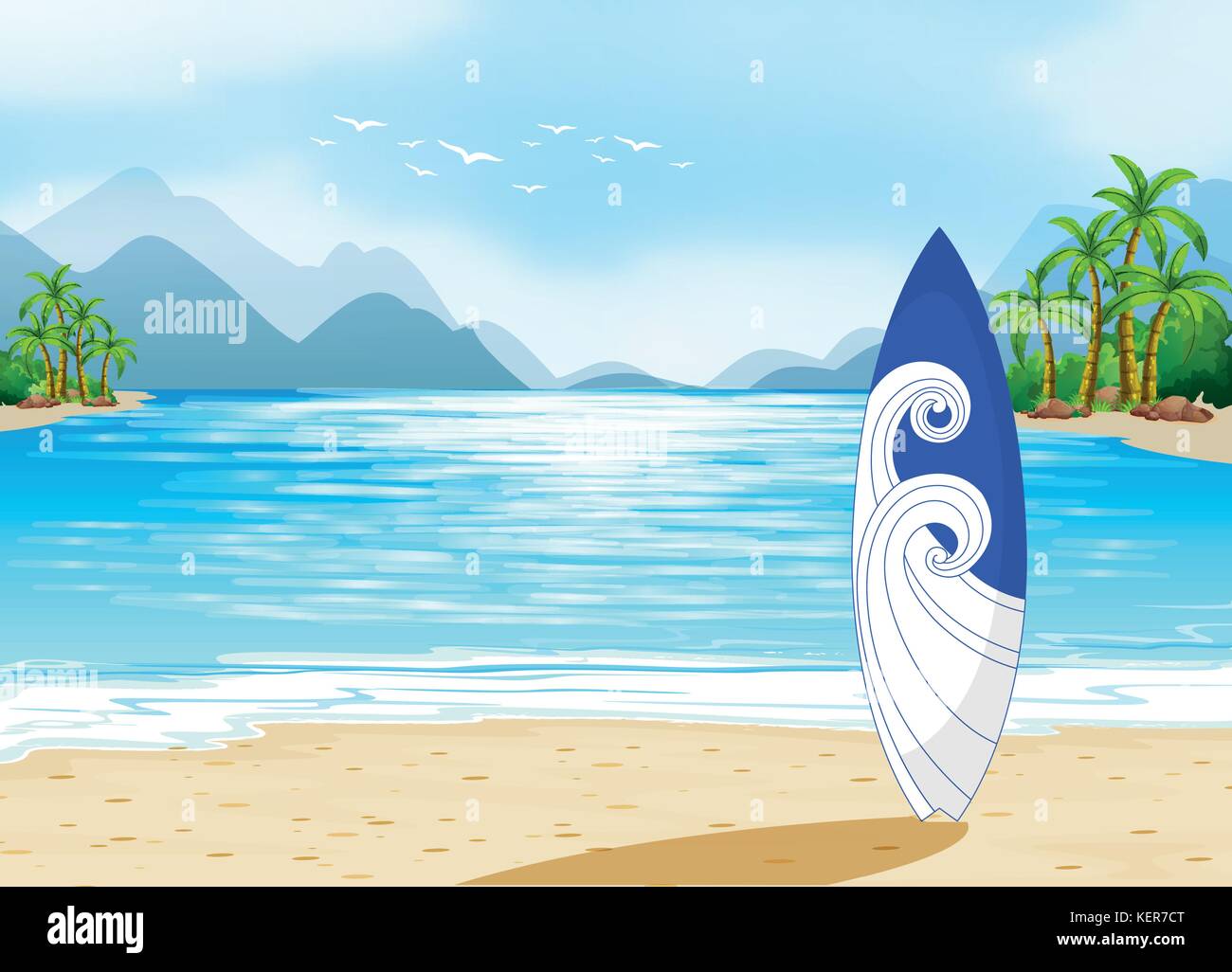 Illustration of an ocean view with a surfboard Stock Vector Image & Art ...