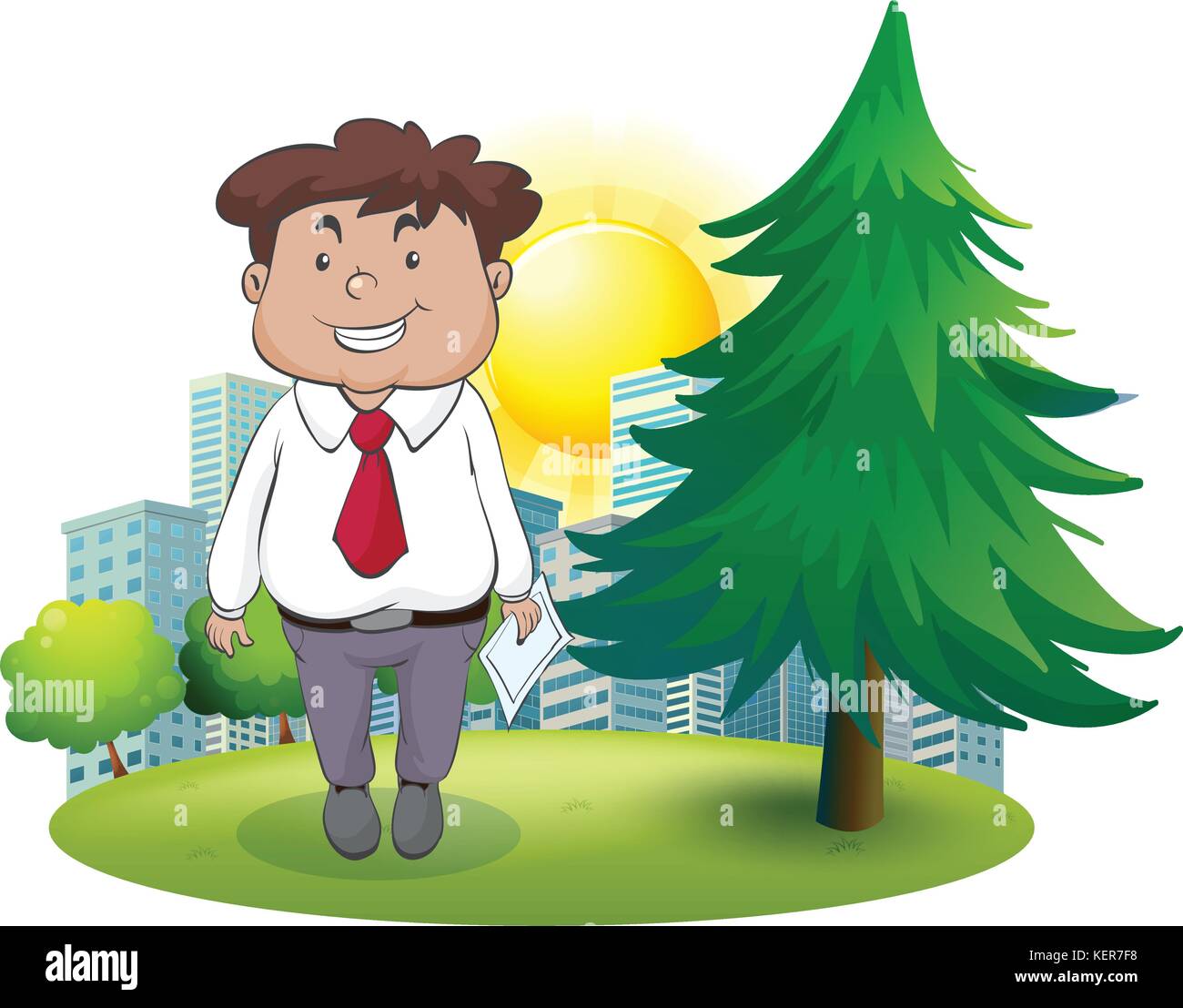 Illustration of a fat businessman standing beside the pine tree on a ...