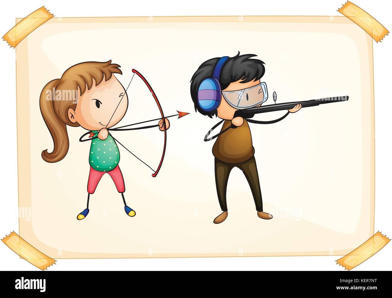 Illustration of a frame with two people playing archery on a white ...