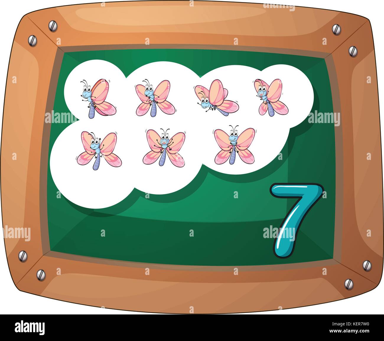 Illustration of a blackboard with seven butterflies on a white ...