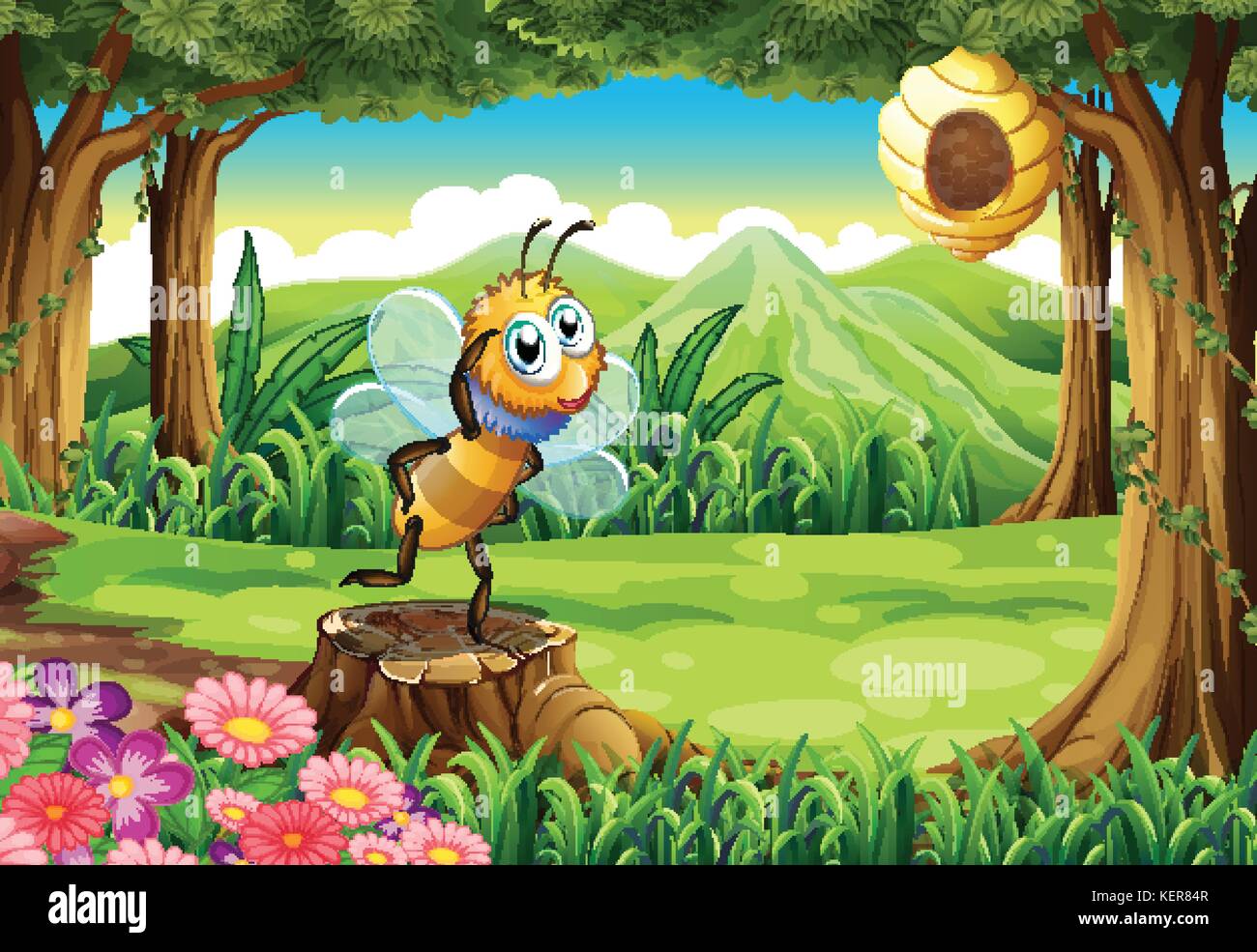 Illustration of a stump at the woods with a bee Stock Vector Image ...
