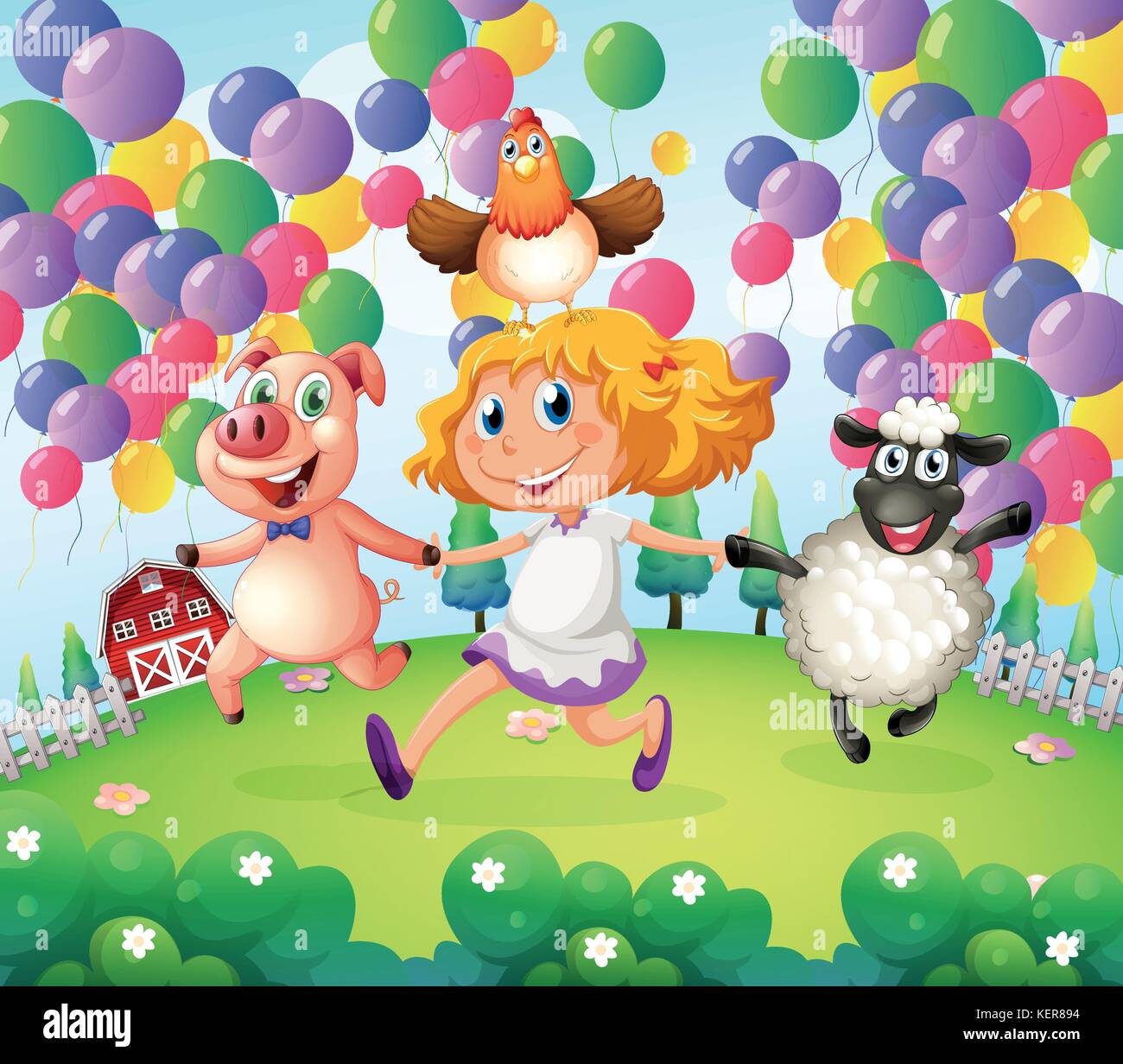 Illustration of a child playing with the animals in the farm Stock ...