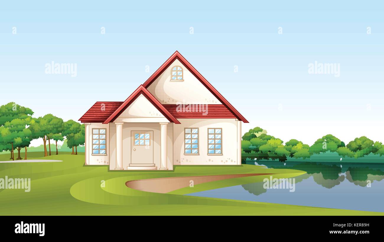 Illustration of a big concrete house near the river Stock Vector Image ...