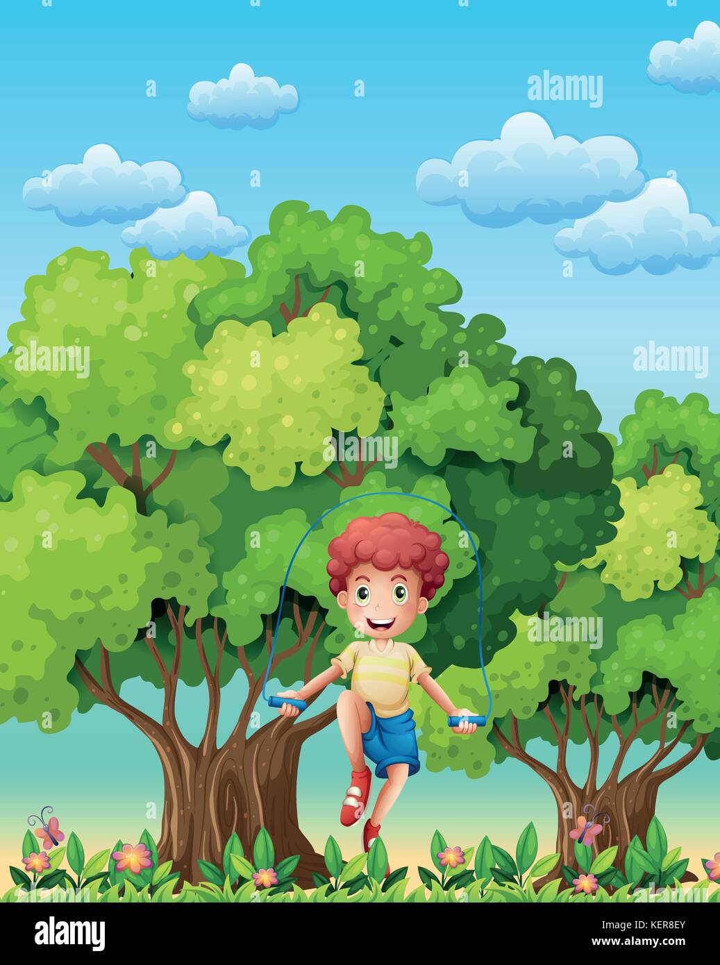 Illustration of a boy playing with the skipping rope near the trees ...