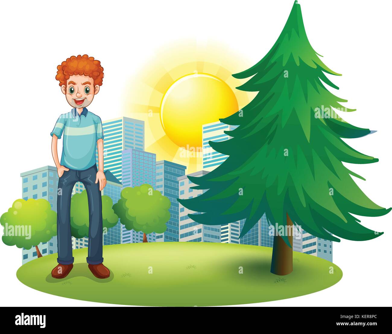 Illustration of a smiling man standing beside the pine tree on a white ...