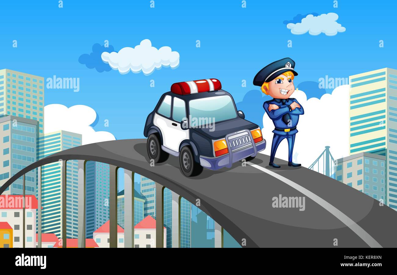 Illustration of a patrol car and a policeman in the middle of the ...