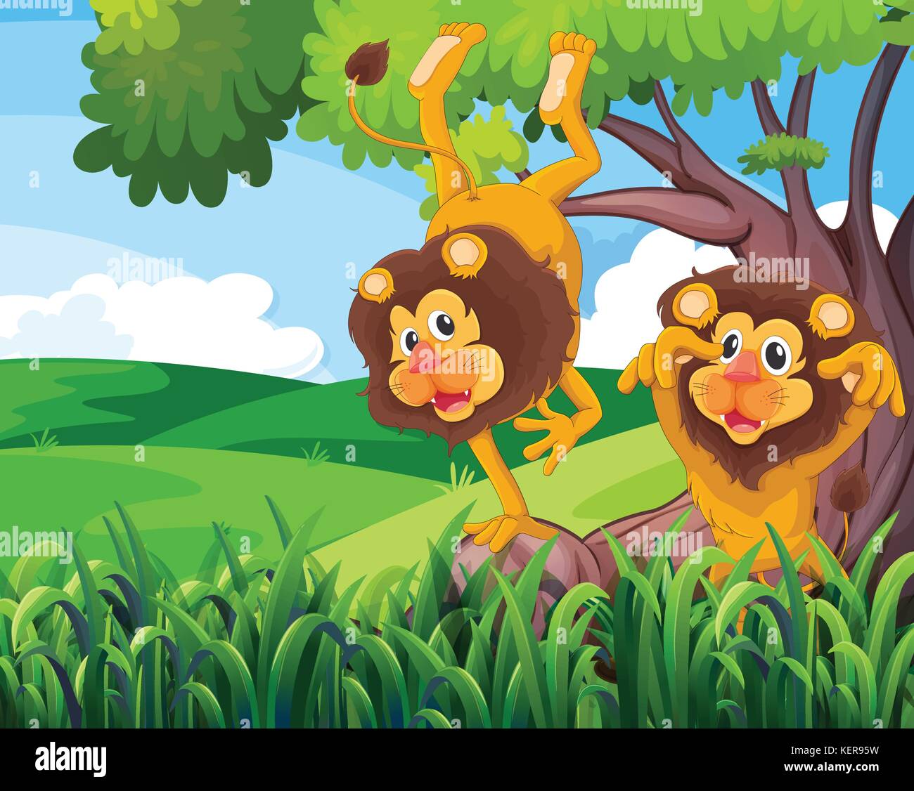 Illustration of a tree with two playful lions Stock Vector Image & Art ...