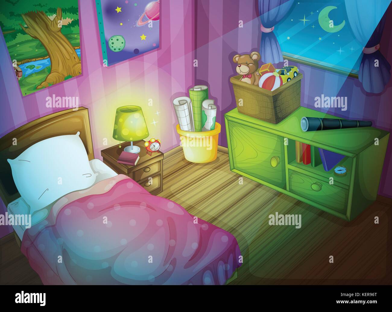 Illustration of a bedroom at night Stock Vector Image & Art - Alamy