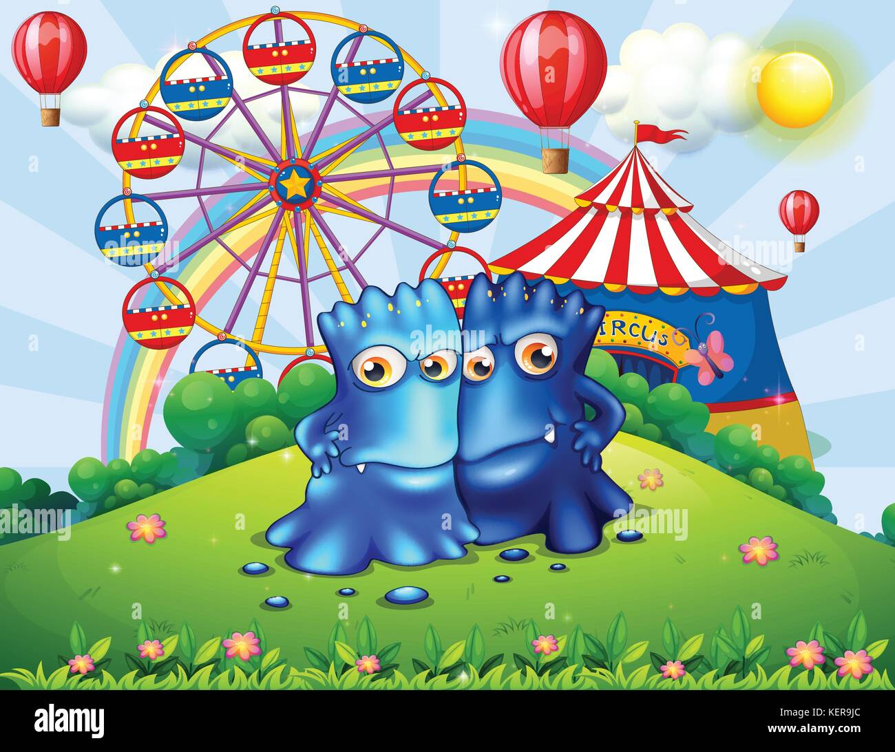 Illustration of the two monsters at the hilltop with an amusement park ...