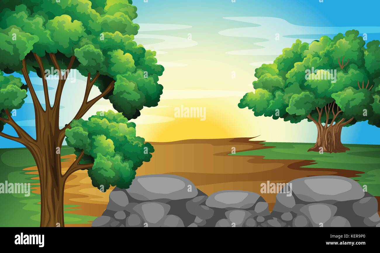 Illustration of a forest view and sunset Stock Vector Image & Art - Alamy