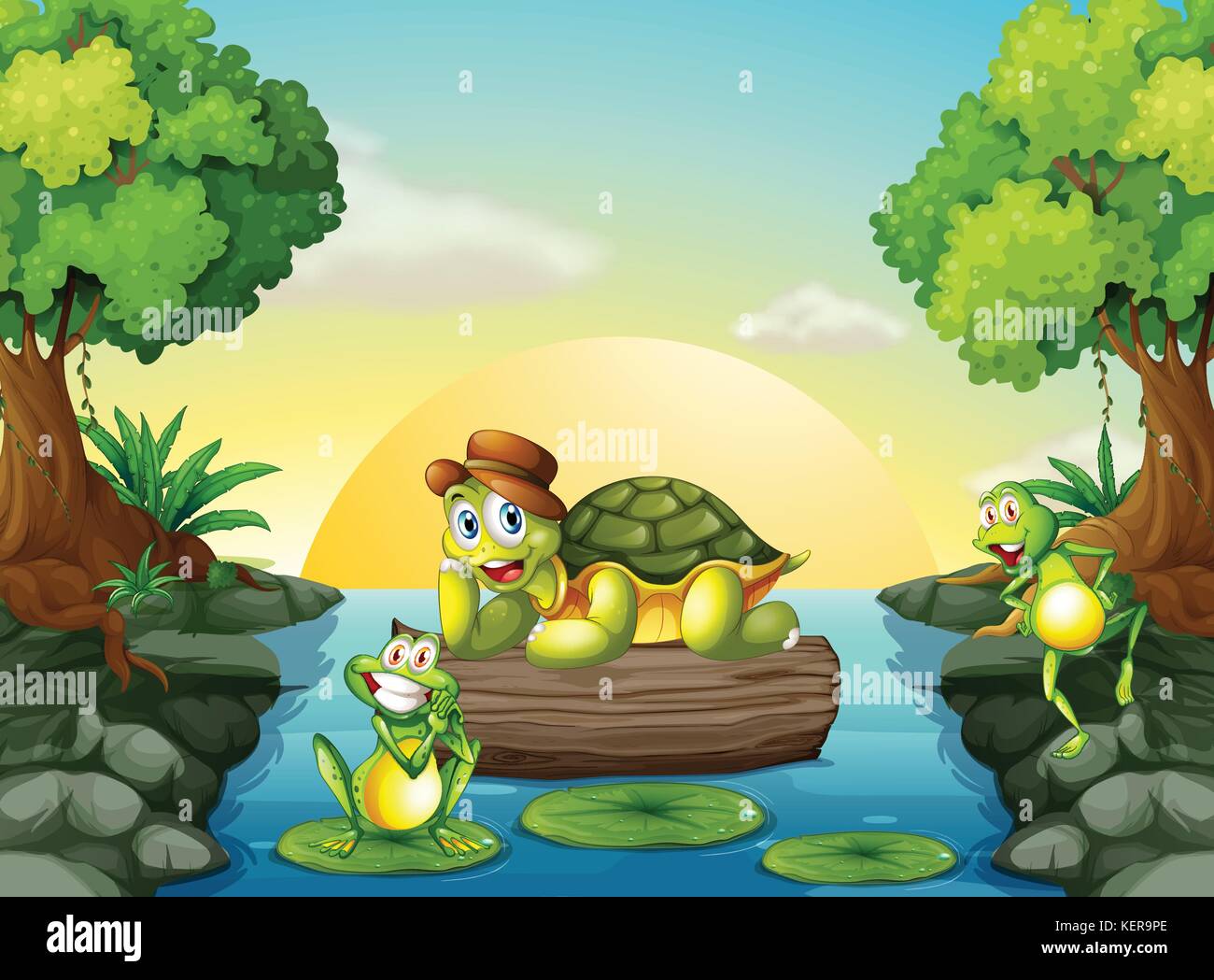 Illustration of a turtle and the two frogs at the river Stock Vector ...