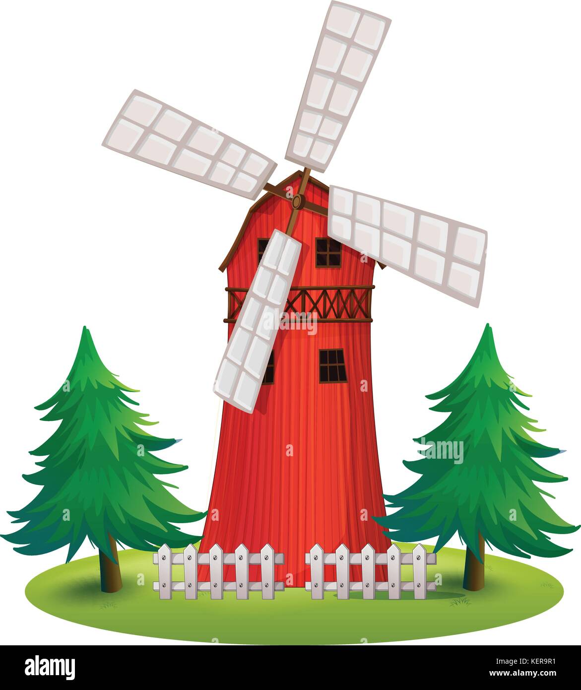 Illustration of a tall wooden building with a windmill on a white ...