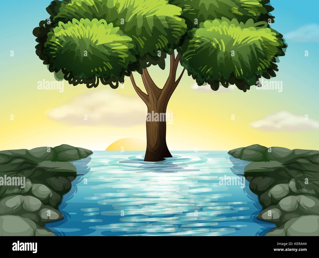 Illustration of a big tree in the middle of the river Stock Vector ...