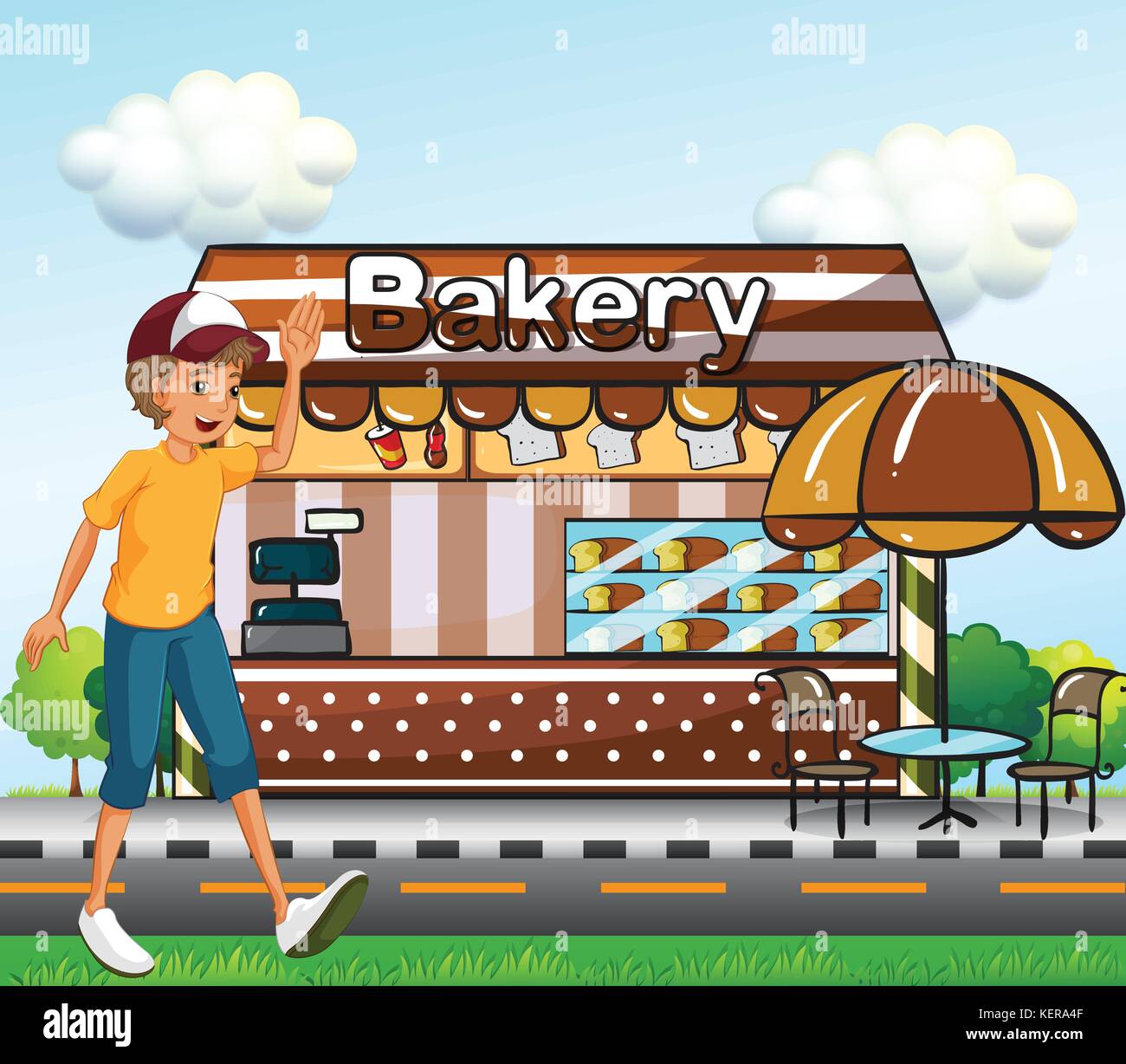 Illustration of a boy walking across the bakery Stock Vector Image ...