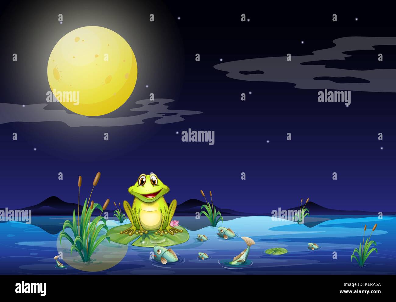 Illustration of the frog and fishes at the lake under the bright ...