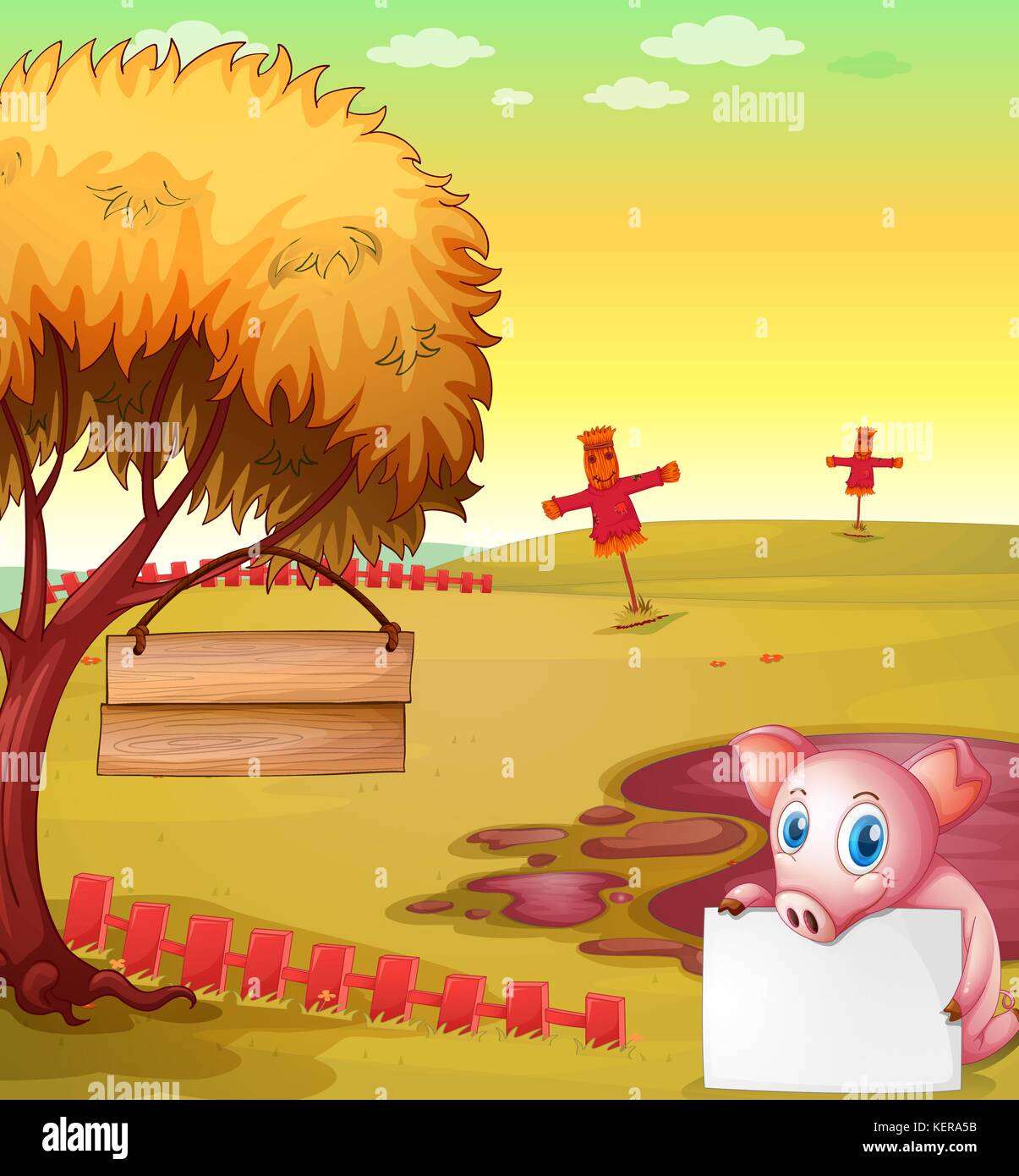 Illustration of a pig in the farm with empty signboards Stock Vector ...