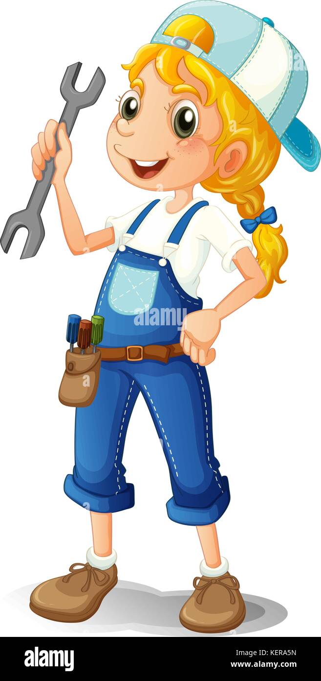 Illustration of a girl holding a tool on a white background Stock ...