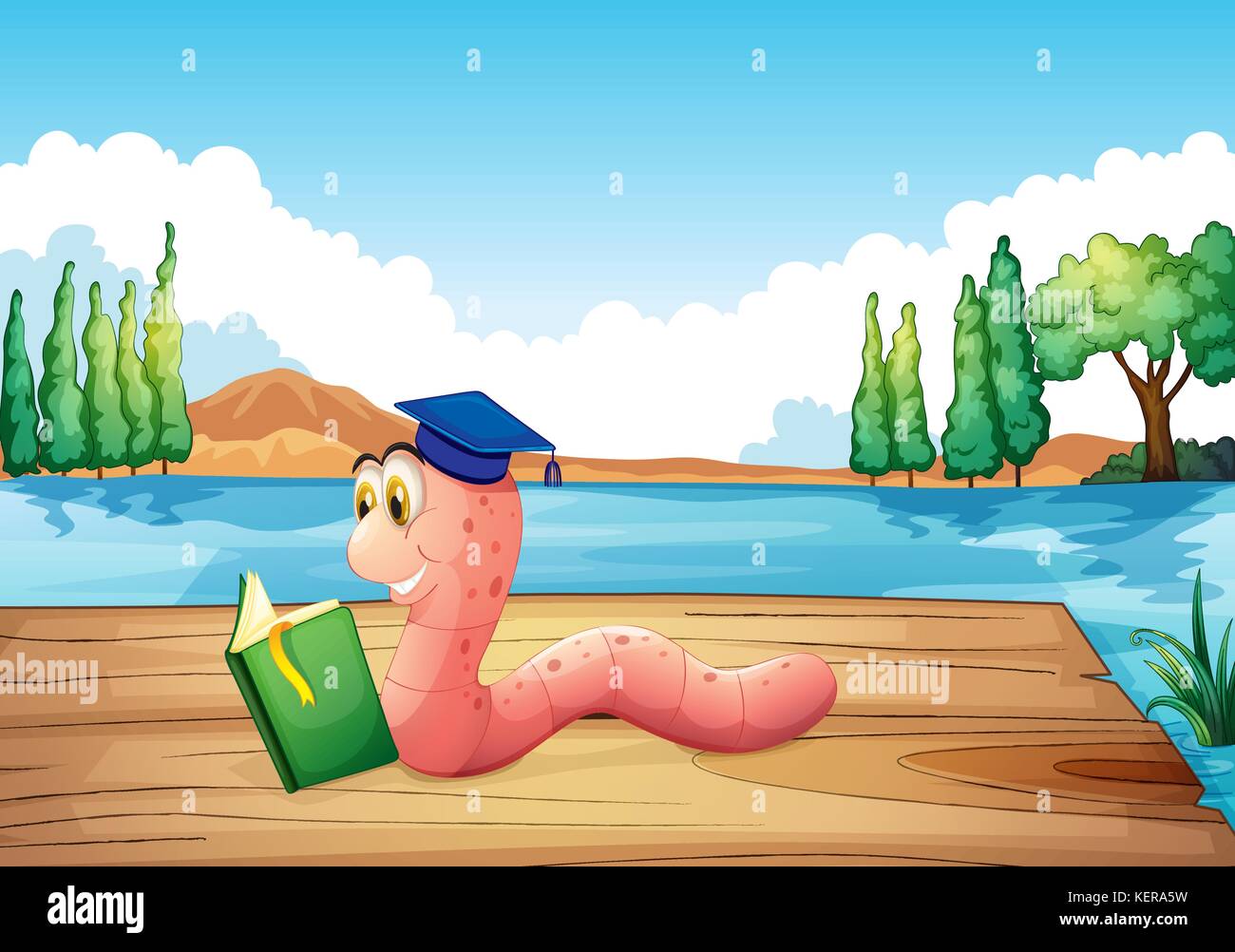 Illustration of a worm reading a book near the pond Stock Vector Image ...