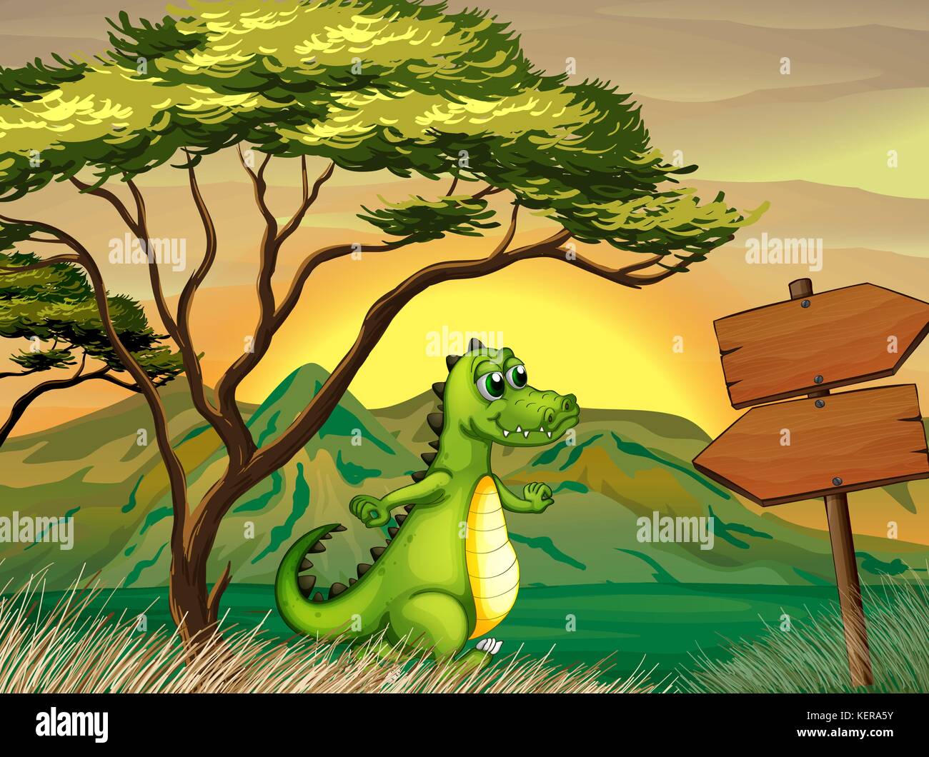 Illustration of a crocodile walking near the empty arrowboards Stock ...