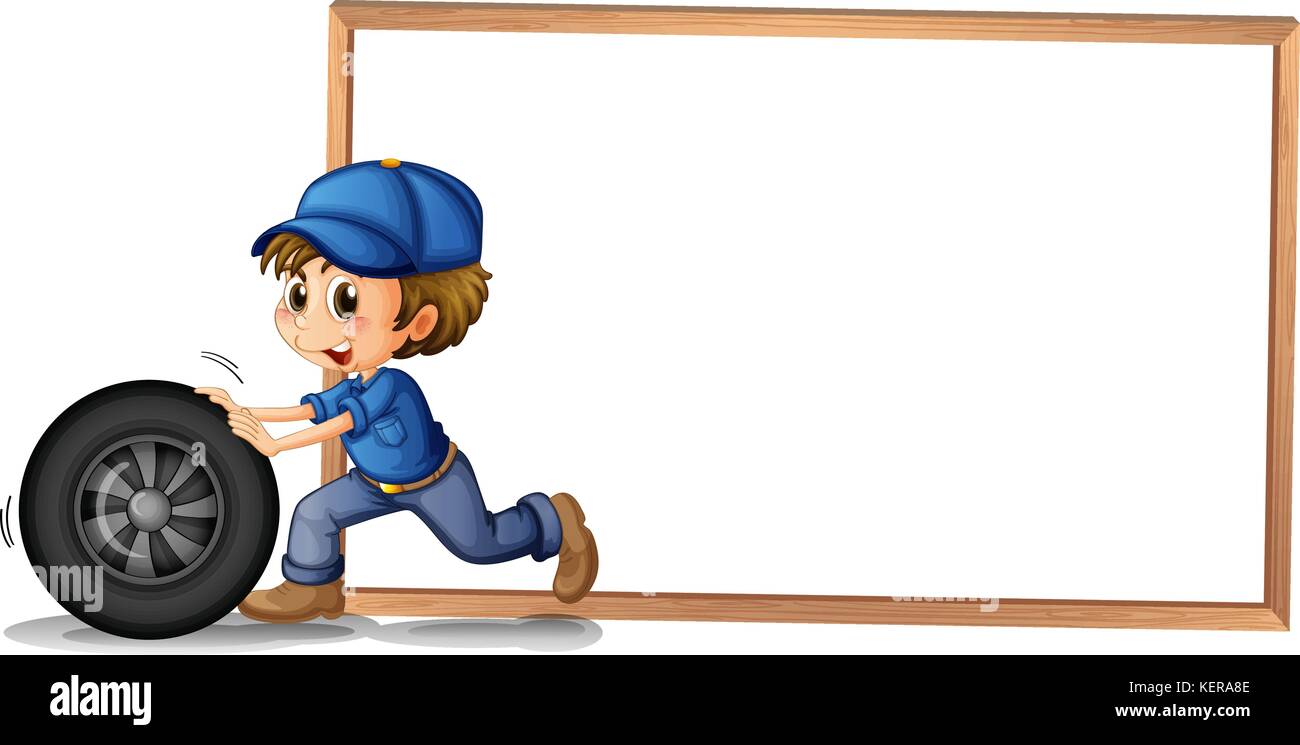 Illustration of a boy pushing a wheel with an empty blankboard at the ...