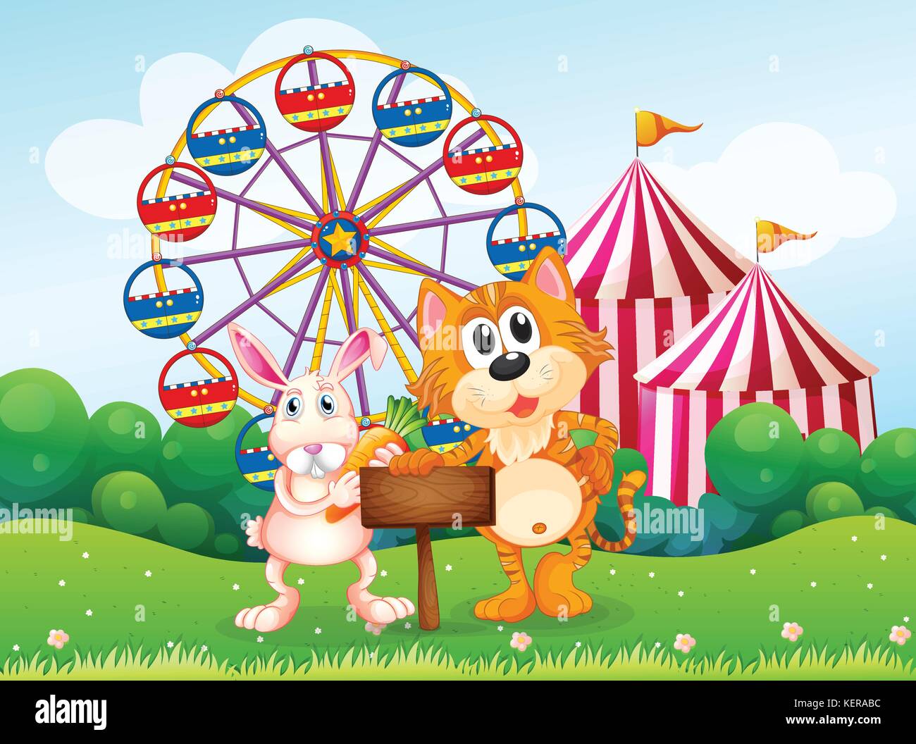 Illustration of a tiger and a bunny holding an empty board near the ...