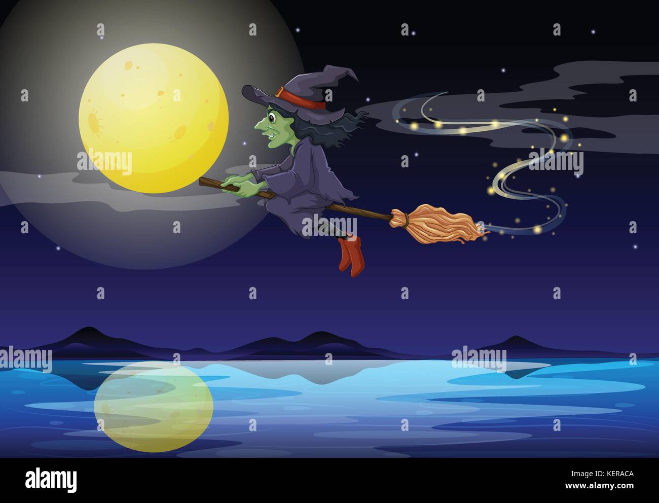 Illustration of a witch riding on a broom in a moonlight scenery Stock ...