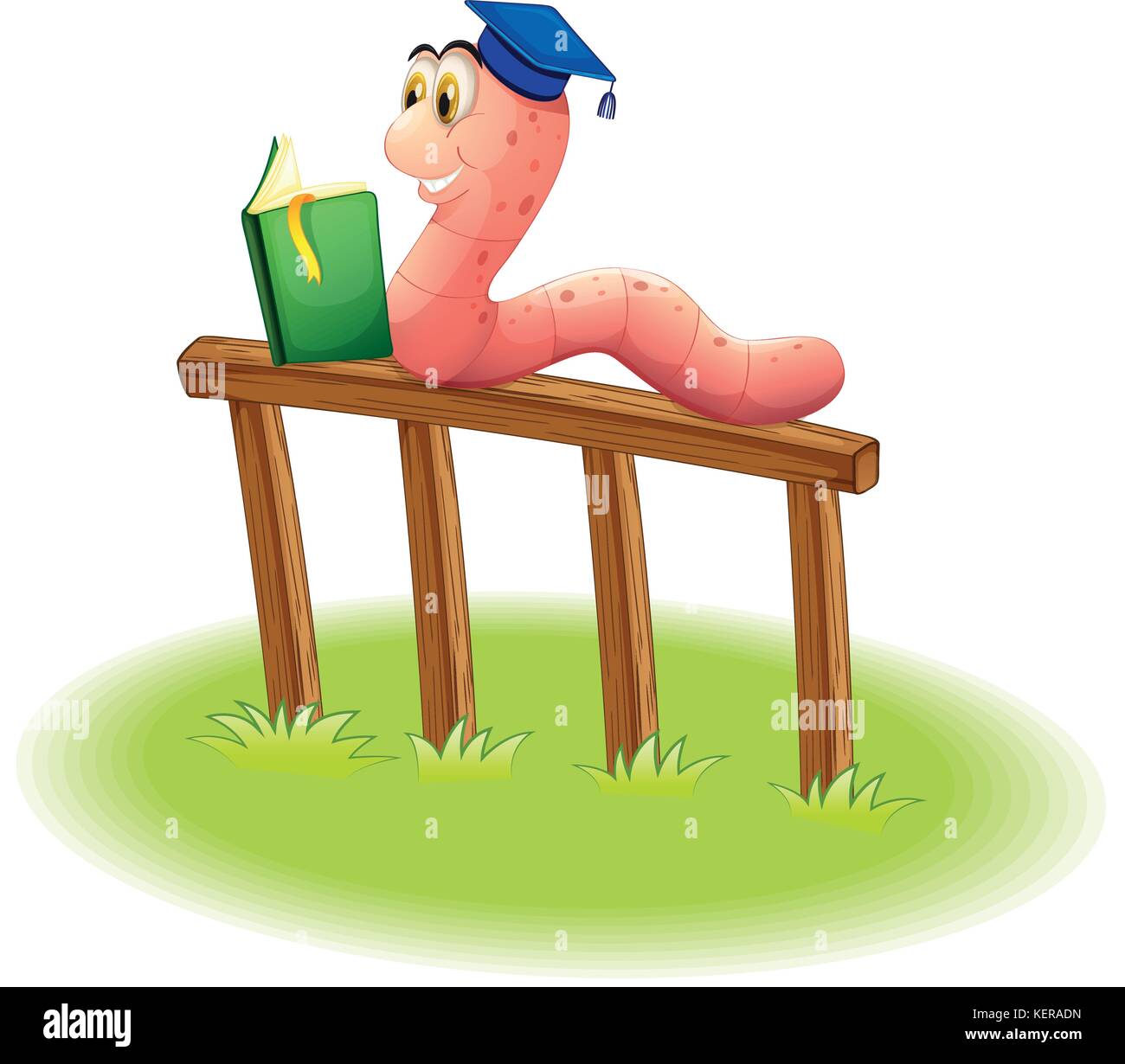 Illustration of a worm reading above the wooden fence on a white ...