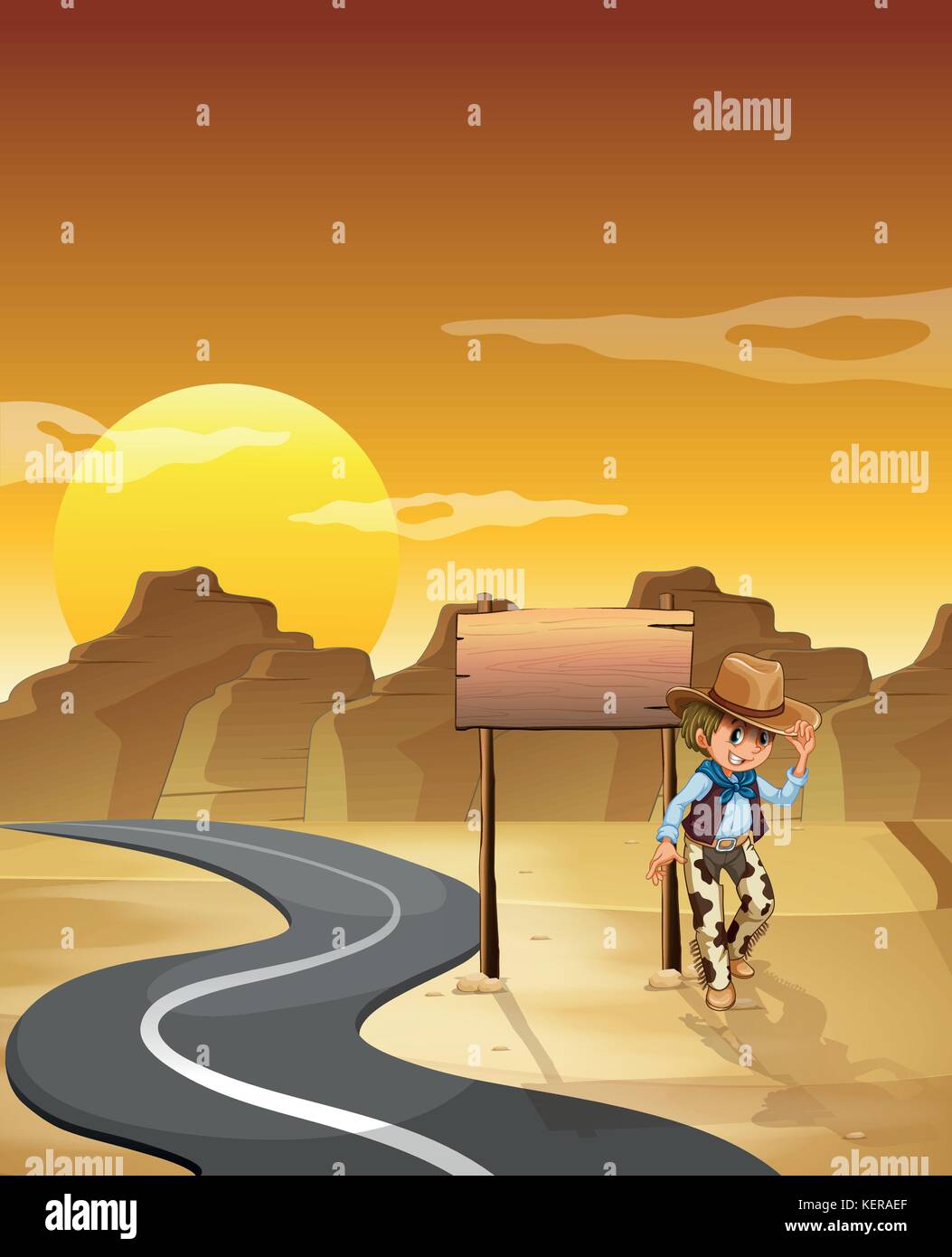 Illustration of a cowboy at the desert with an empty signage Stock ...