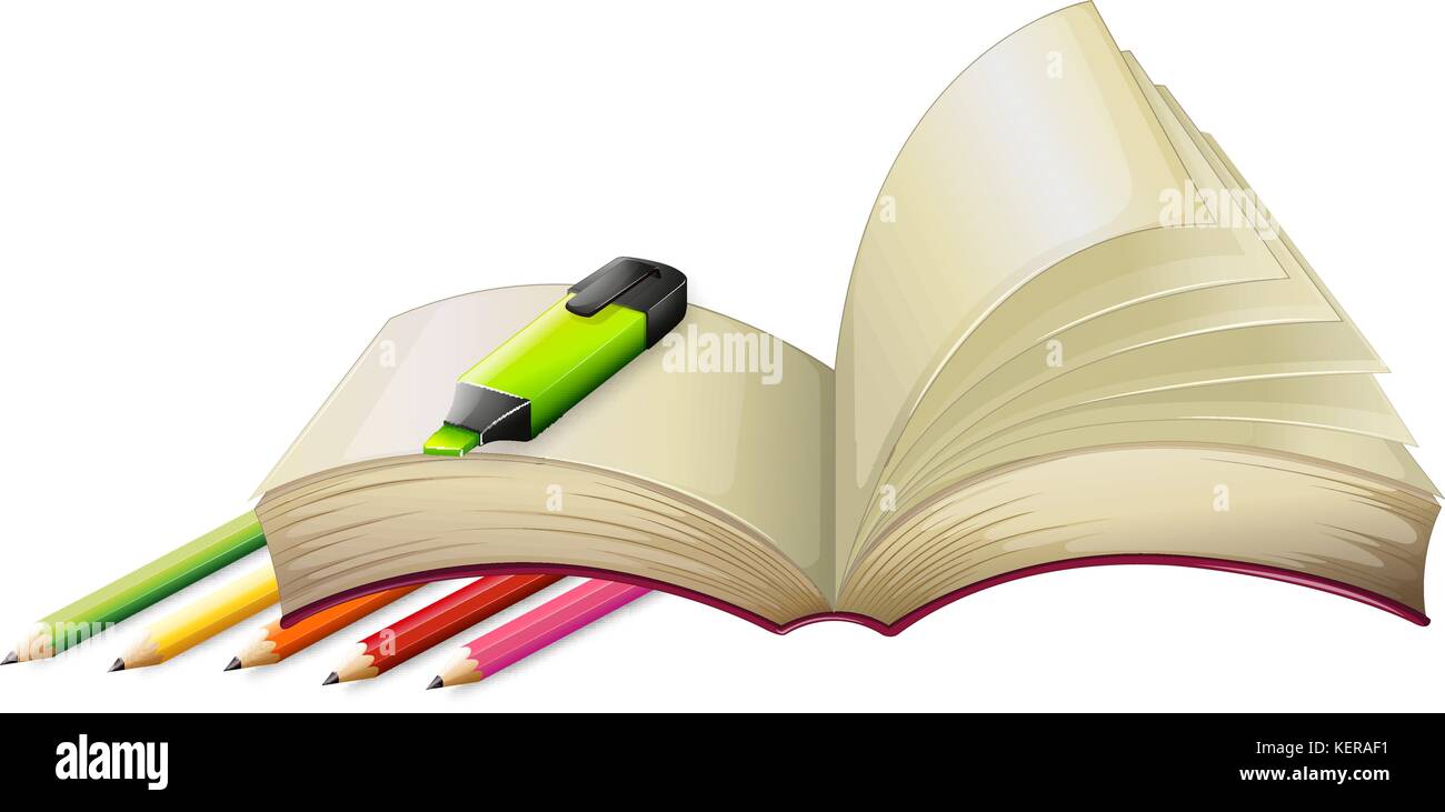 Illustration of an empty book with a highlighter and pencils on a white ...
