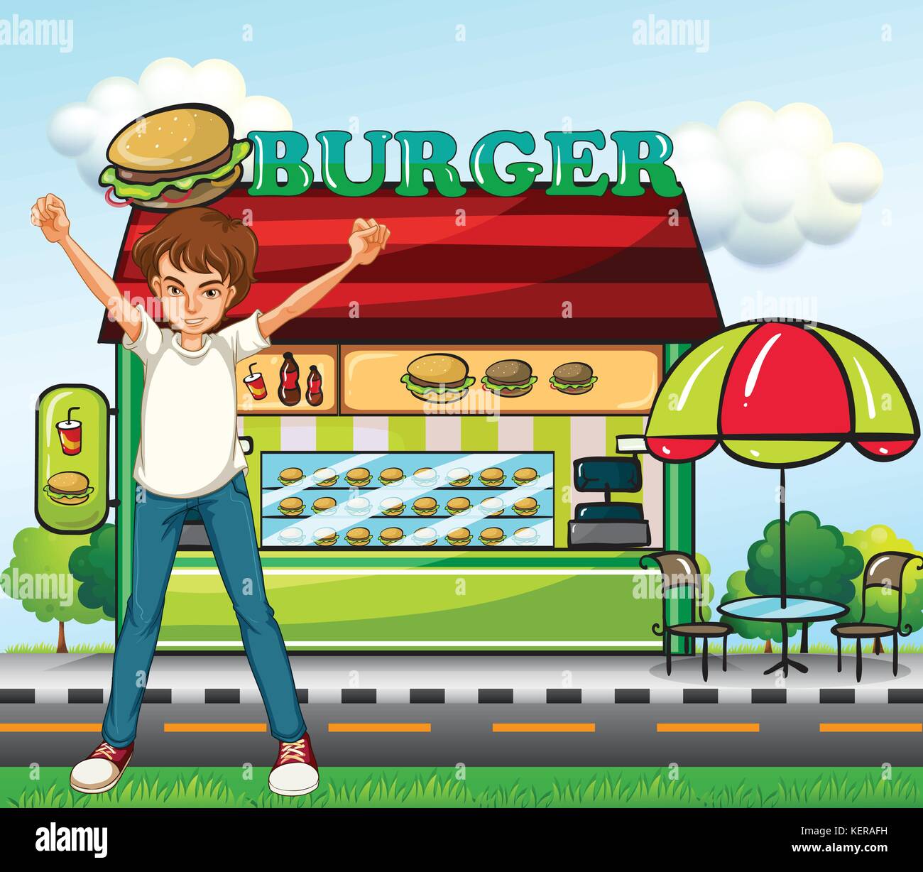 Illustration of a man in front of the burger stand Stock Vector Image ...