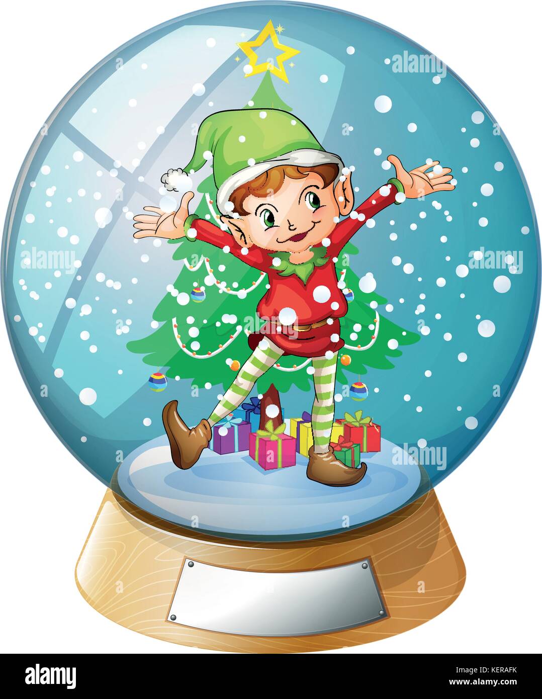 Illustration of an elf in front of a christmas tree inside a snowball ...
