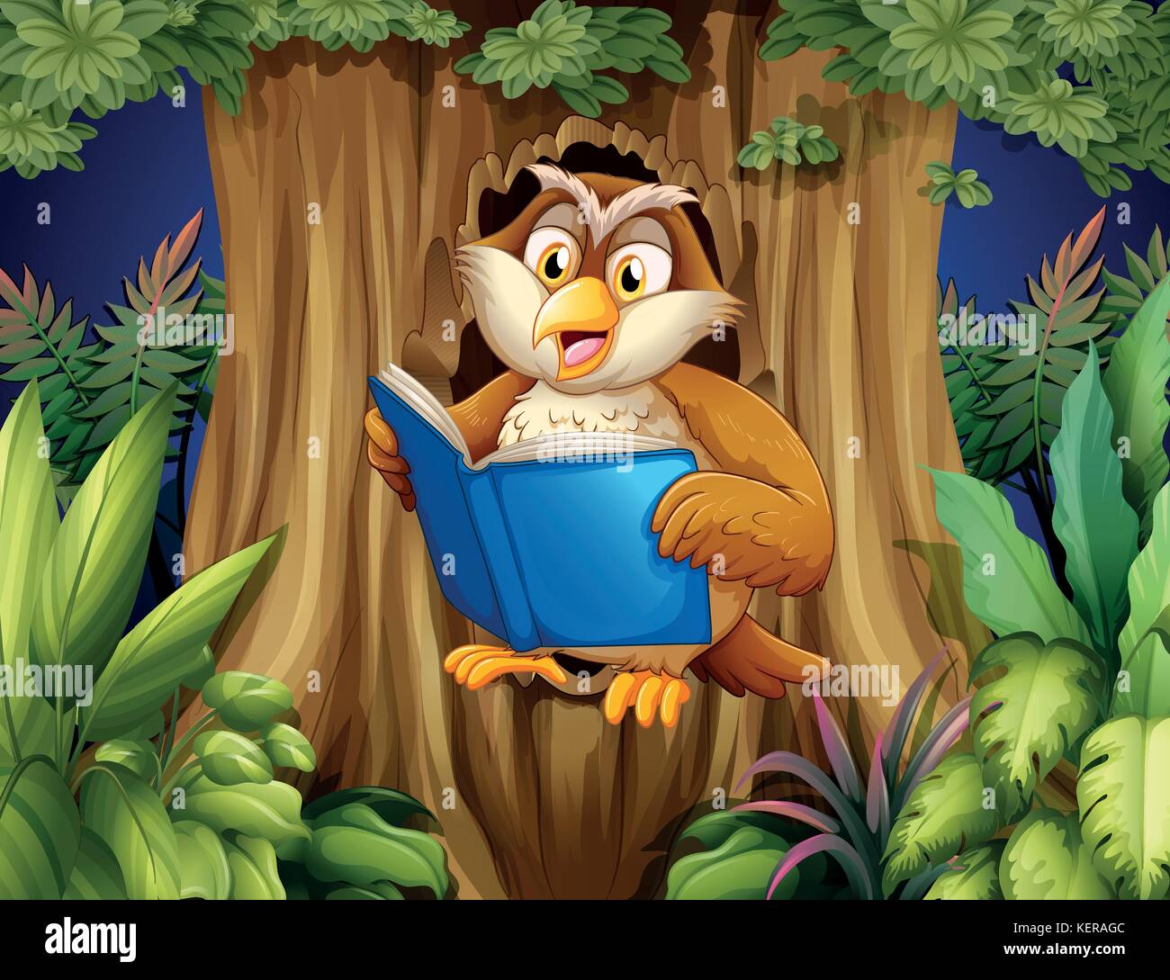Illustration of an owl reading a book at the tree Stock Vector Image ...
