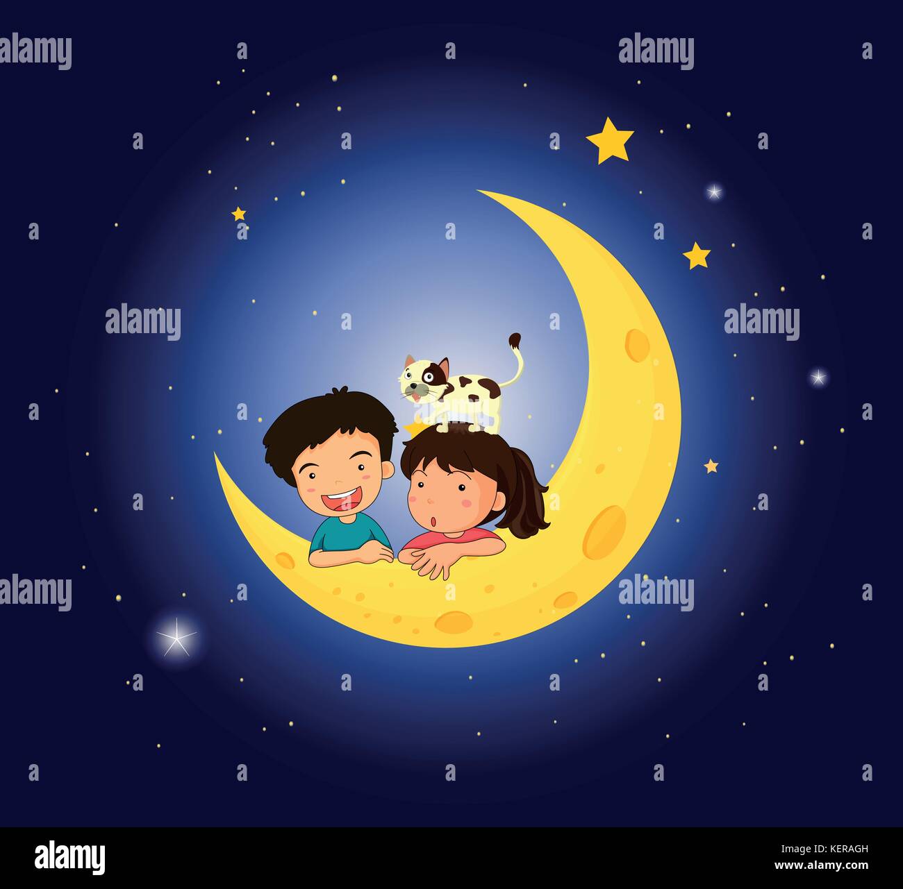 Illustration of the children on the moon with a cat Stock Vector Image ...