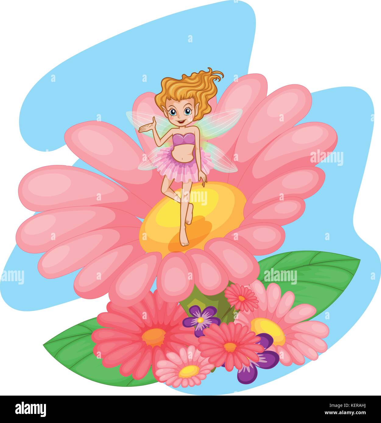 Illustration of a flower pixie above a big pink flower on a white ...