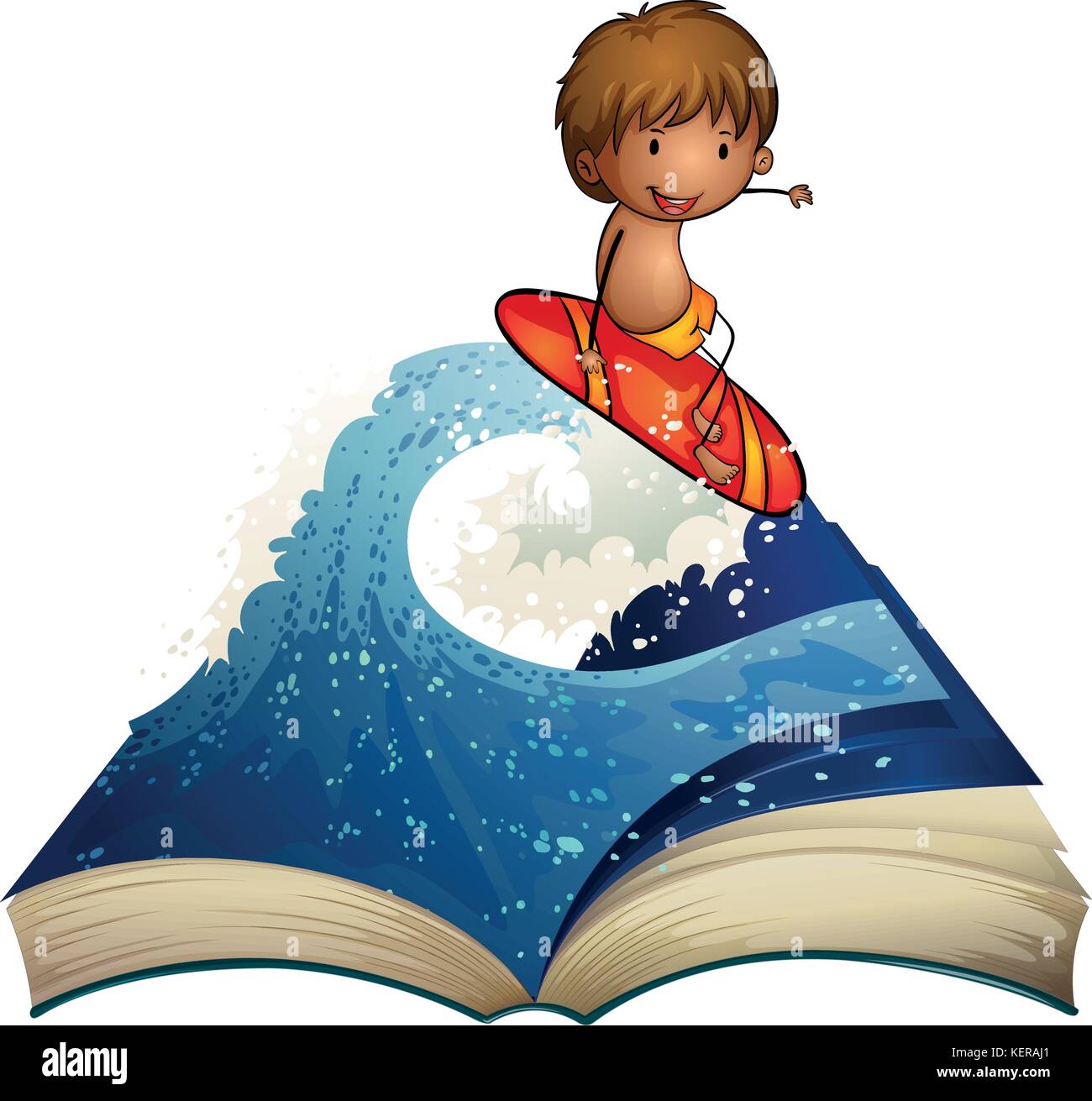Illustration of a book with a story about a surfer on a white ...