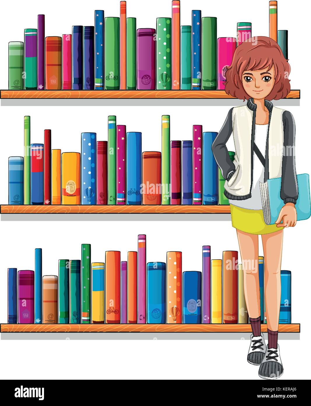 Illustration of a lady holding a book standing in front of the ...