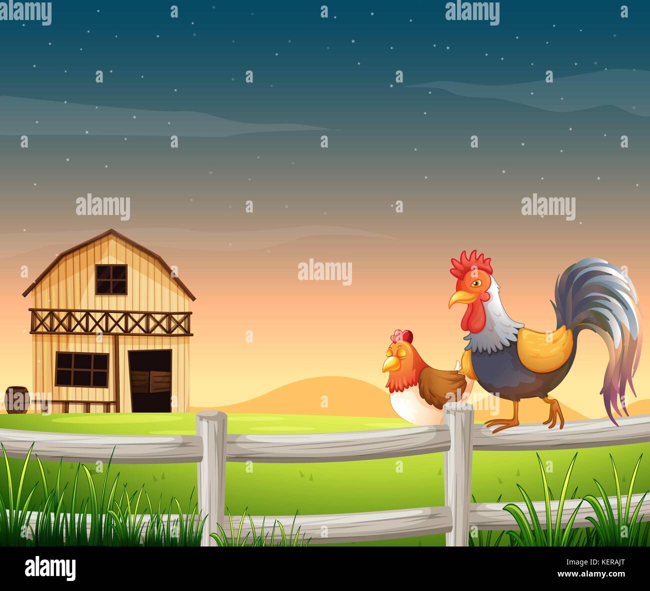 Illustration of a rooster and a chicken near the barnhouse Stock Vector ...