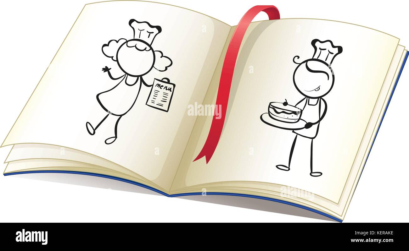 Illustration of a drawing book with an image of chefs on a white ...