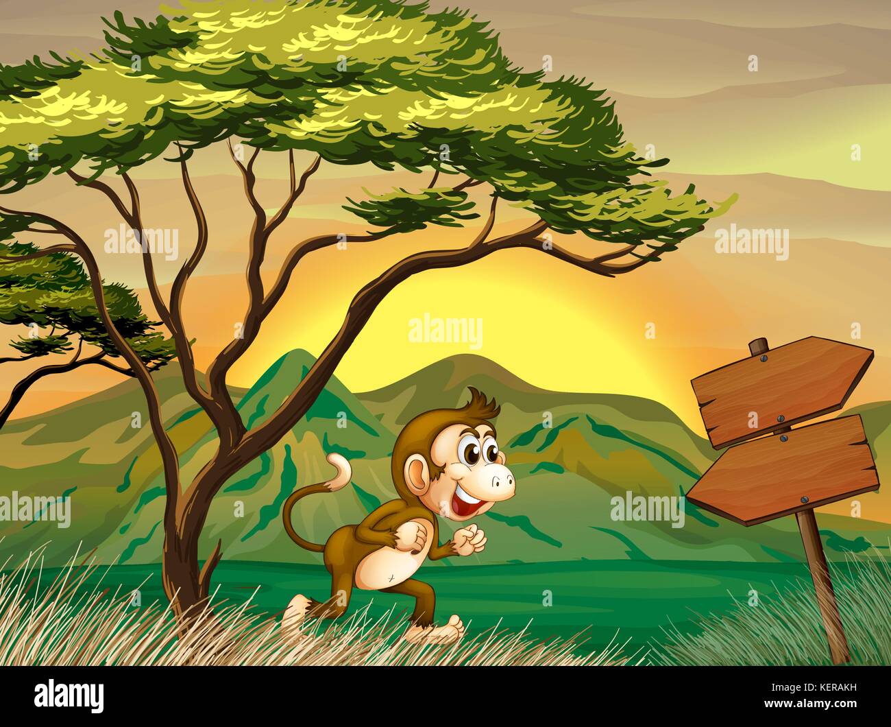 Illustration of a monkey running with a wooden arrow board Stock Vector ...