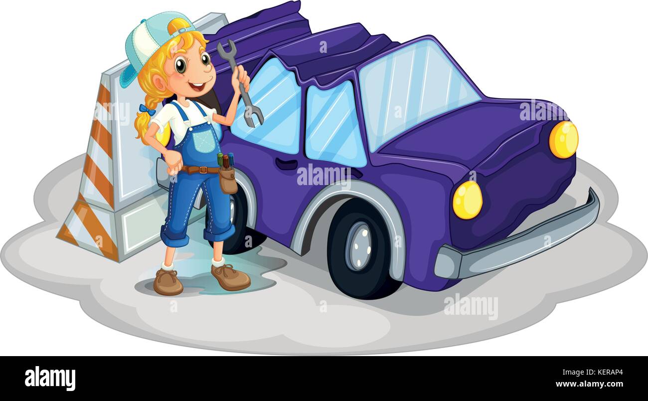 Illustration of a girl fixing the broken violet car on a white ...