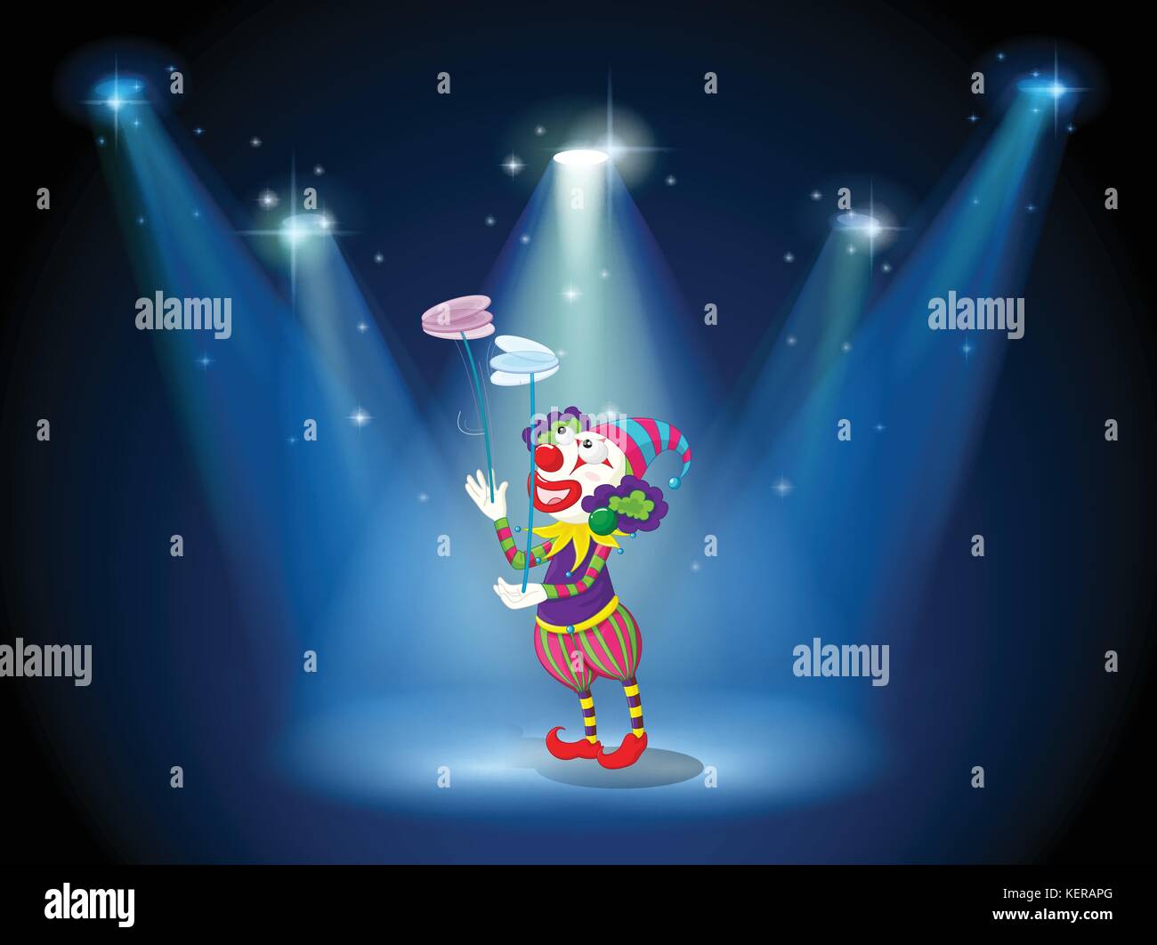 Illustration of a clown performing on a stage under the spotlights ...