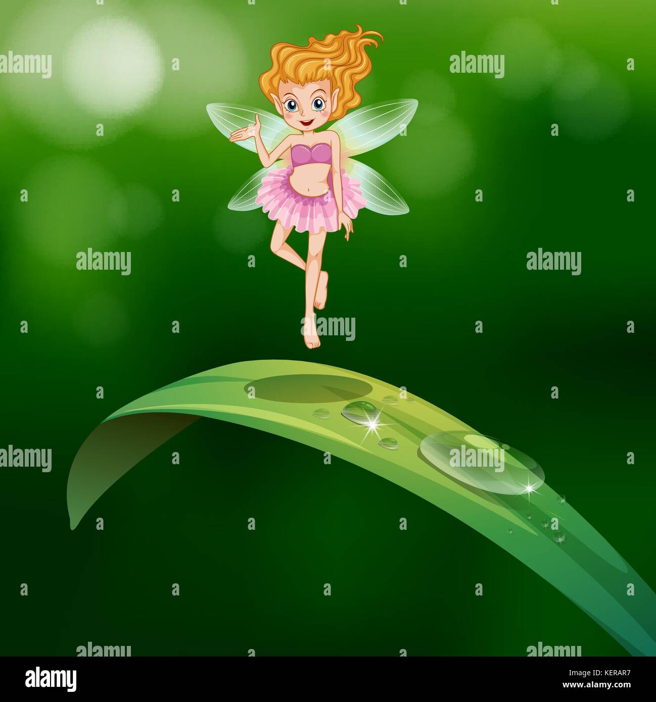 Illustration of a beautiful fairy above an elongated green leaf Stock ...