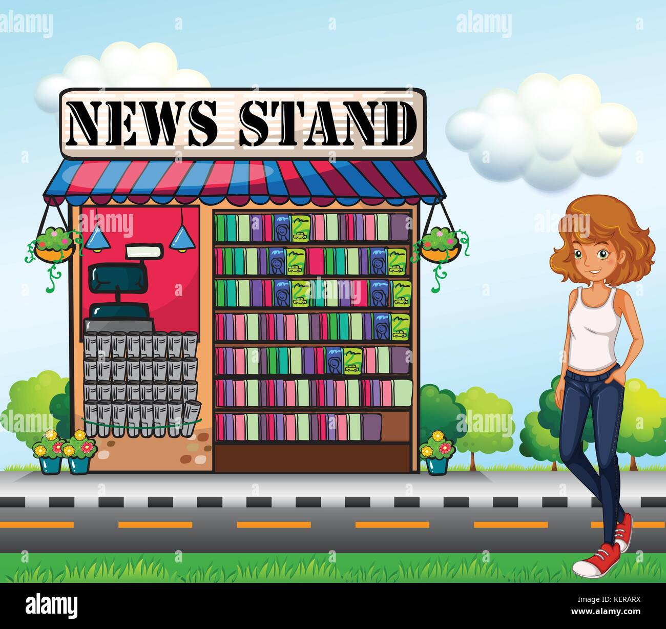 Illustration of a lady standing beside the news stand Stock Vector ...