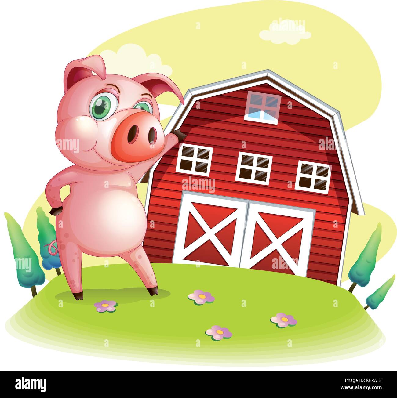 Illustration of a pig at the farm pointing the barnhouse on a white ...