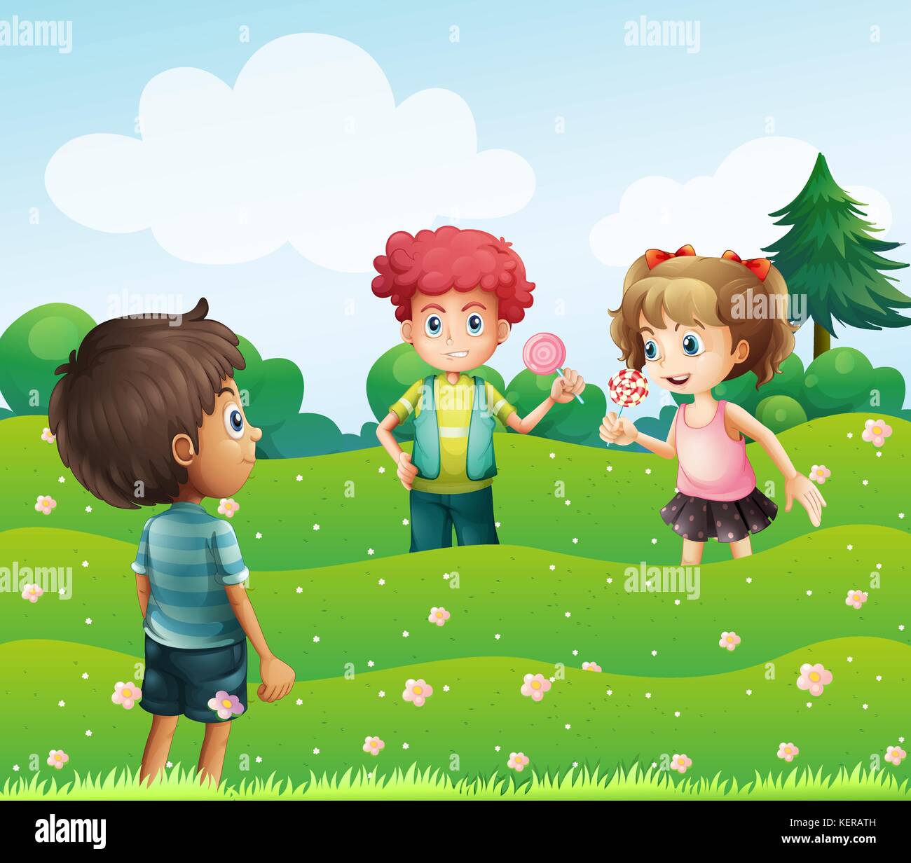 Illustration of the three kids at the top of the hills Stock Vector ...