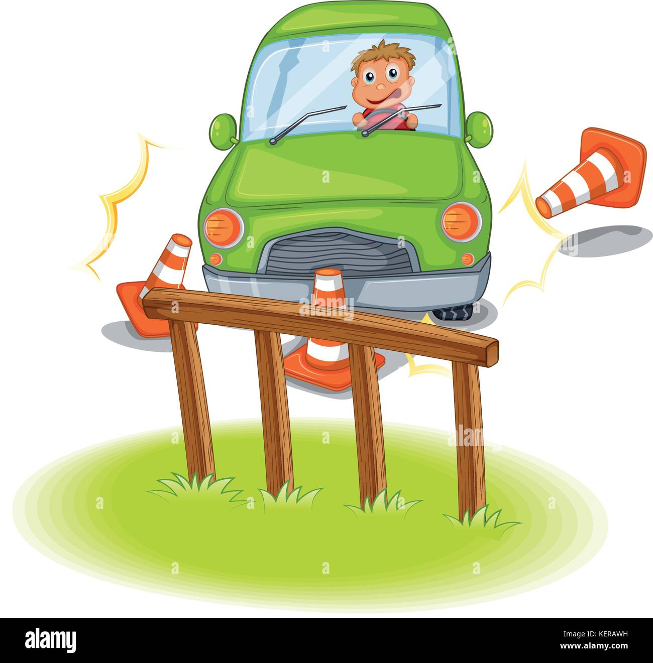 Illustration of a reckless driver bumping the traffic cones on a white ...